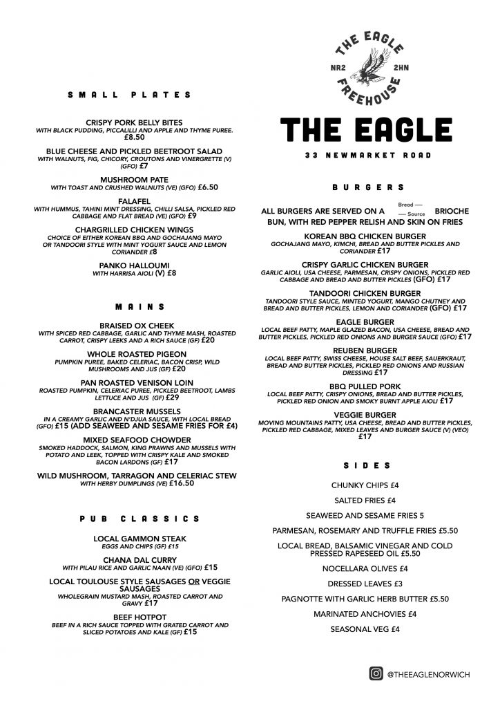 Main Menu (sample) – The Eagle Pub Norwich